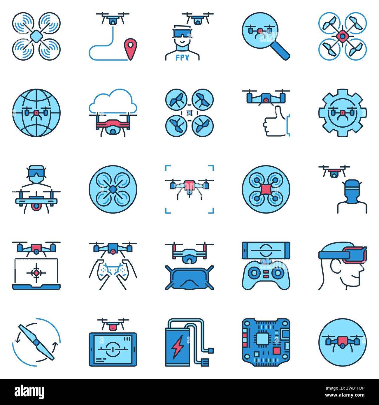 FPV Drone colored icons set. Drone and Quadcopter concept creative ...