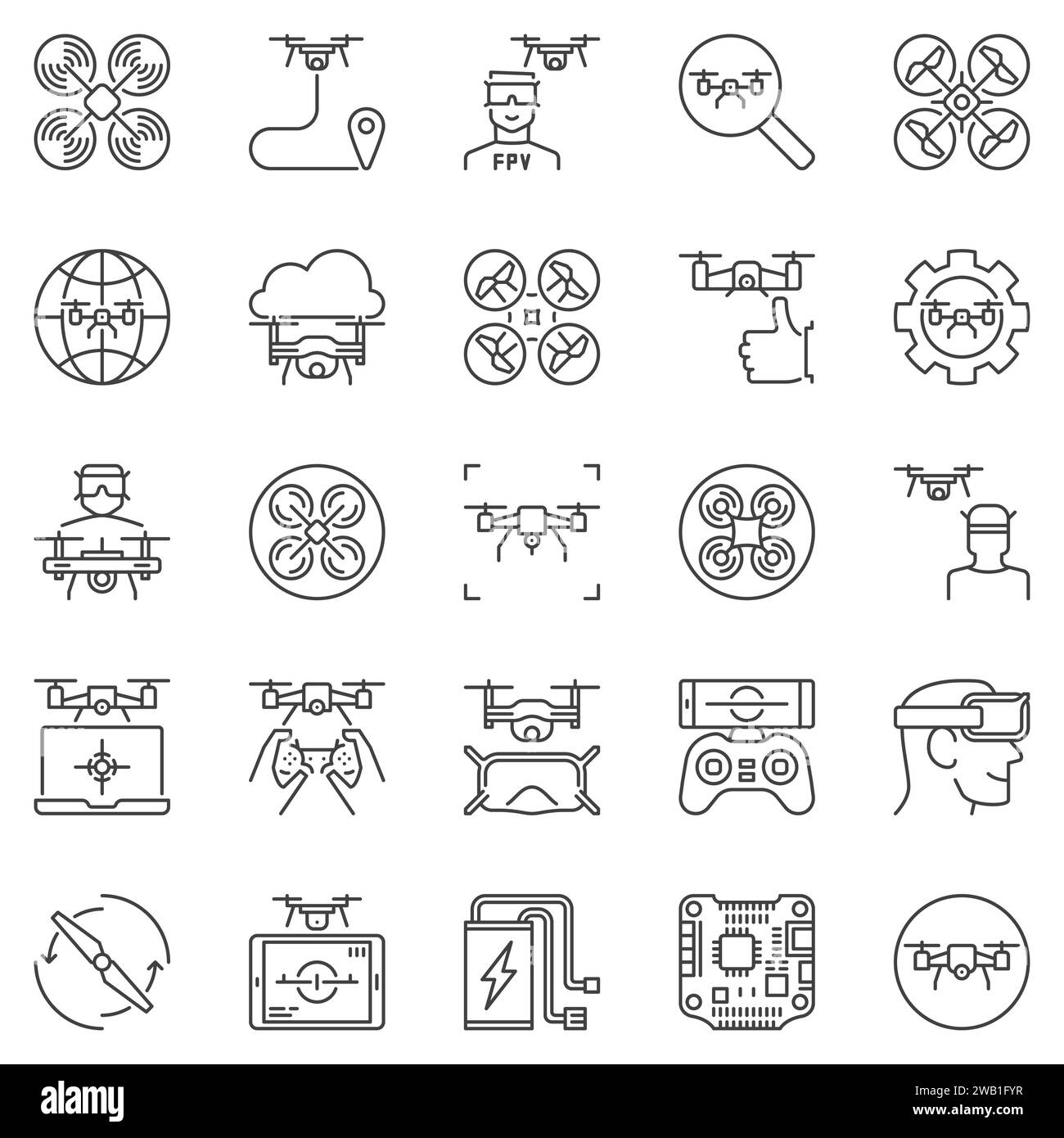 Fpv Drone Outline Icons Set Quadcopter Gadget Concept Linear Symbols Collection Copter Vector