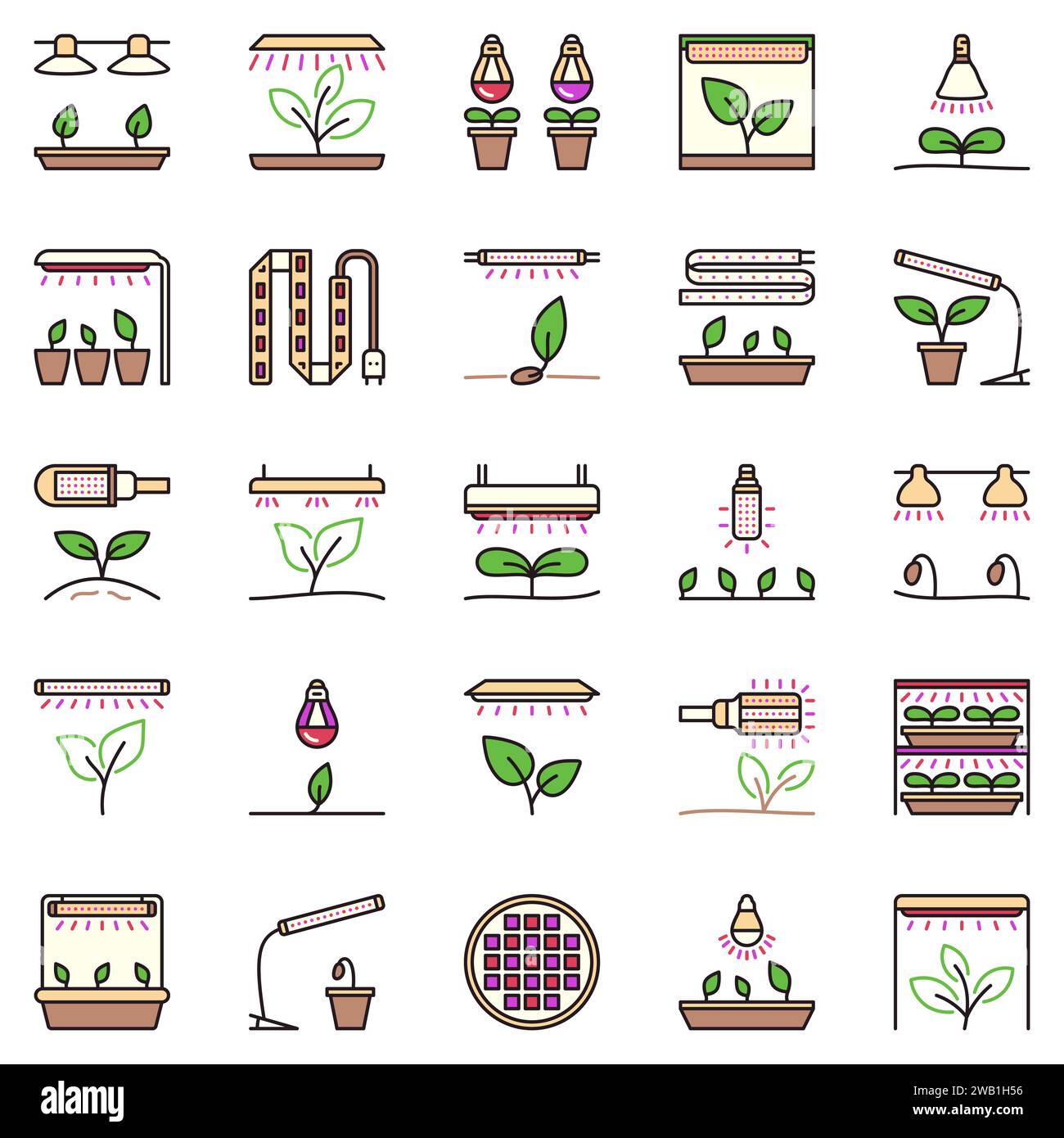 LED Grow Lights colored icons set. Phytolamp with red and purple ...