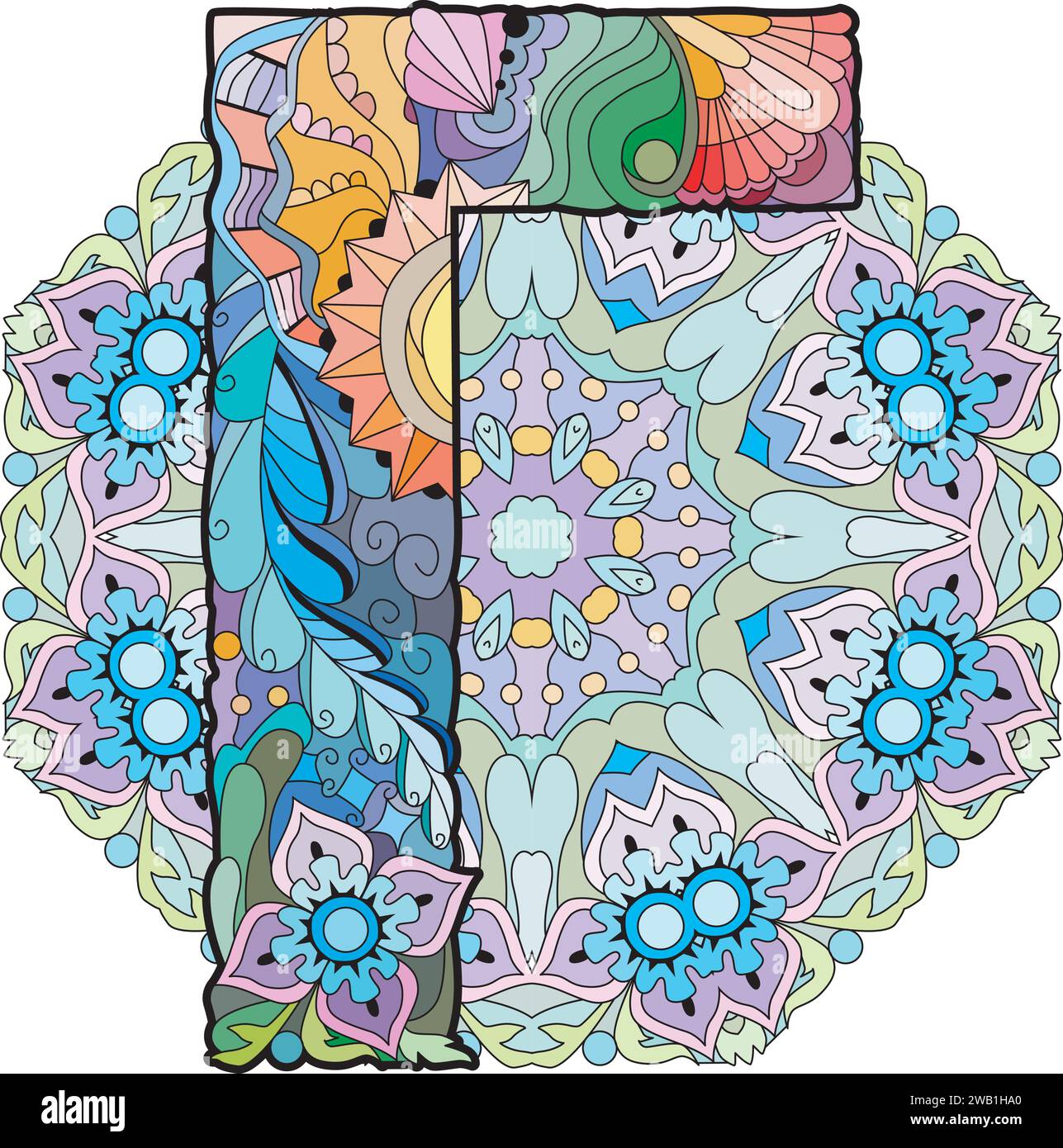 Hand-painted art design. Letter G cyrillic zentangle object on mandala ...