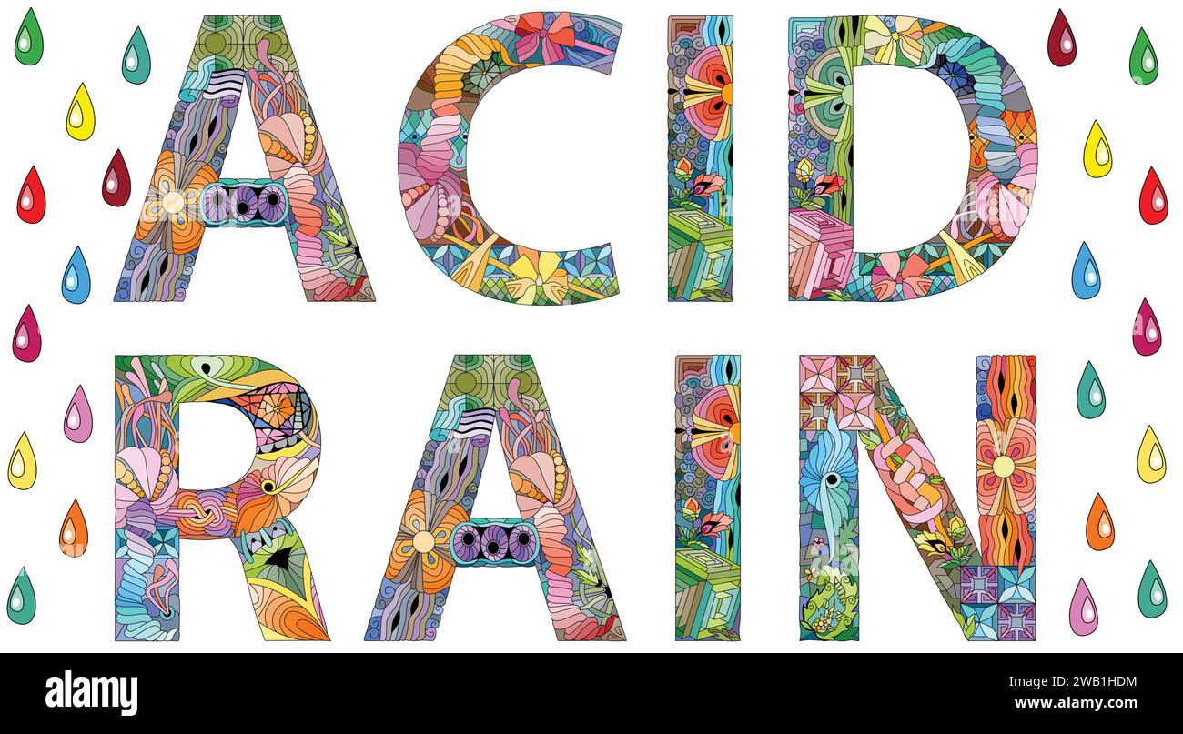 Hand-painted art design. Hand drawn illustration word ACID RAIN for t ...