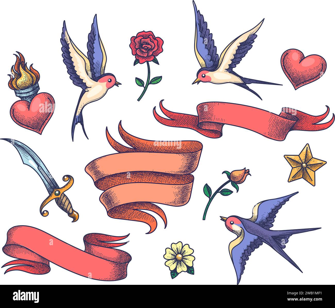 Old school tattoo design elements collection. Colored scroll banners ...