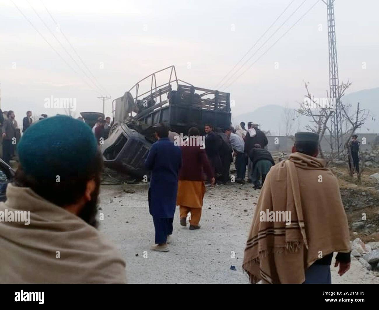 Bajaur. 8th Jan, 2024. This photo taken with mobile phone shows a blast ...
