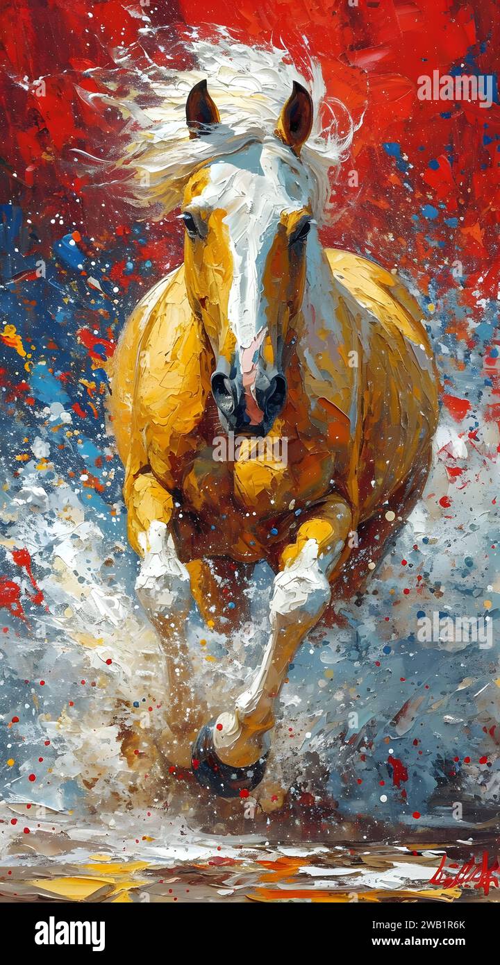 Dynamic painting of a white and brown horse galloping forward with a ...