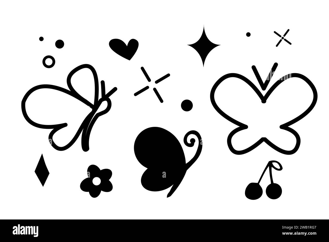 Baterfly with cute flowers, rainbow, burst set in doodle style isolated ...