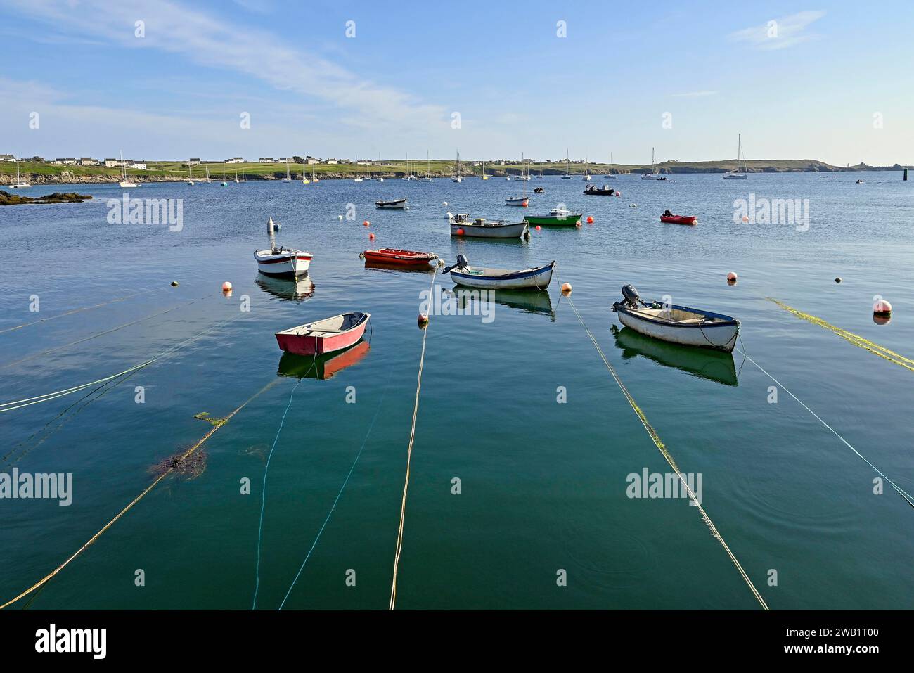 Boats on lines in the bay of Lampaul, Ouessant Island, Finistere ...