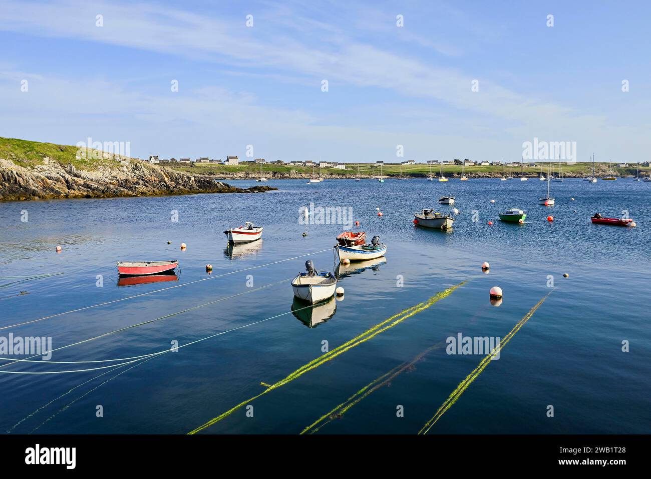 Boats on lines in the bay of Lampaul, Ouessant Island, Finistere ...