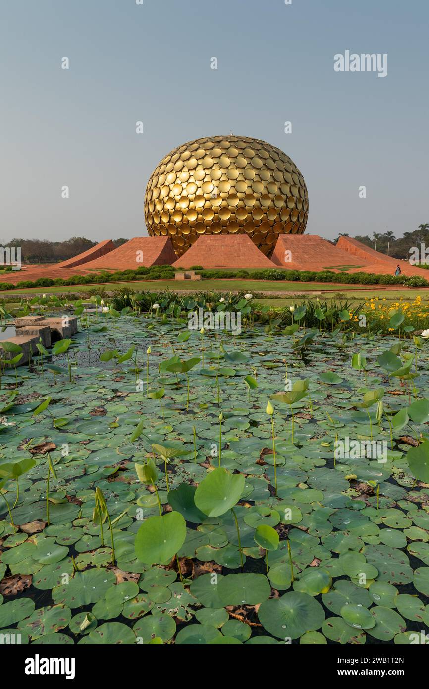 Lotus pond, meditation centre Matrimandir or Matri Mandir, future city ...