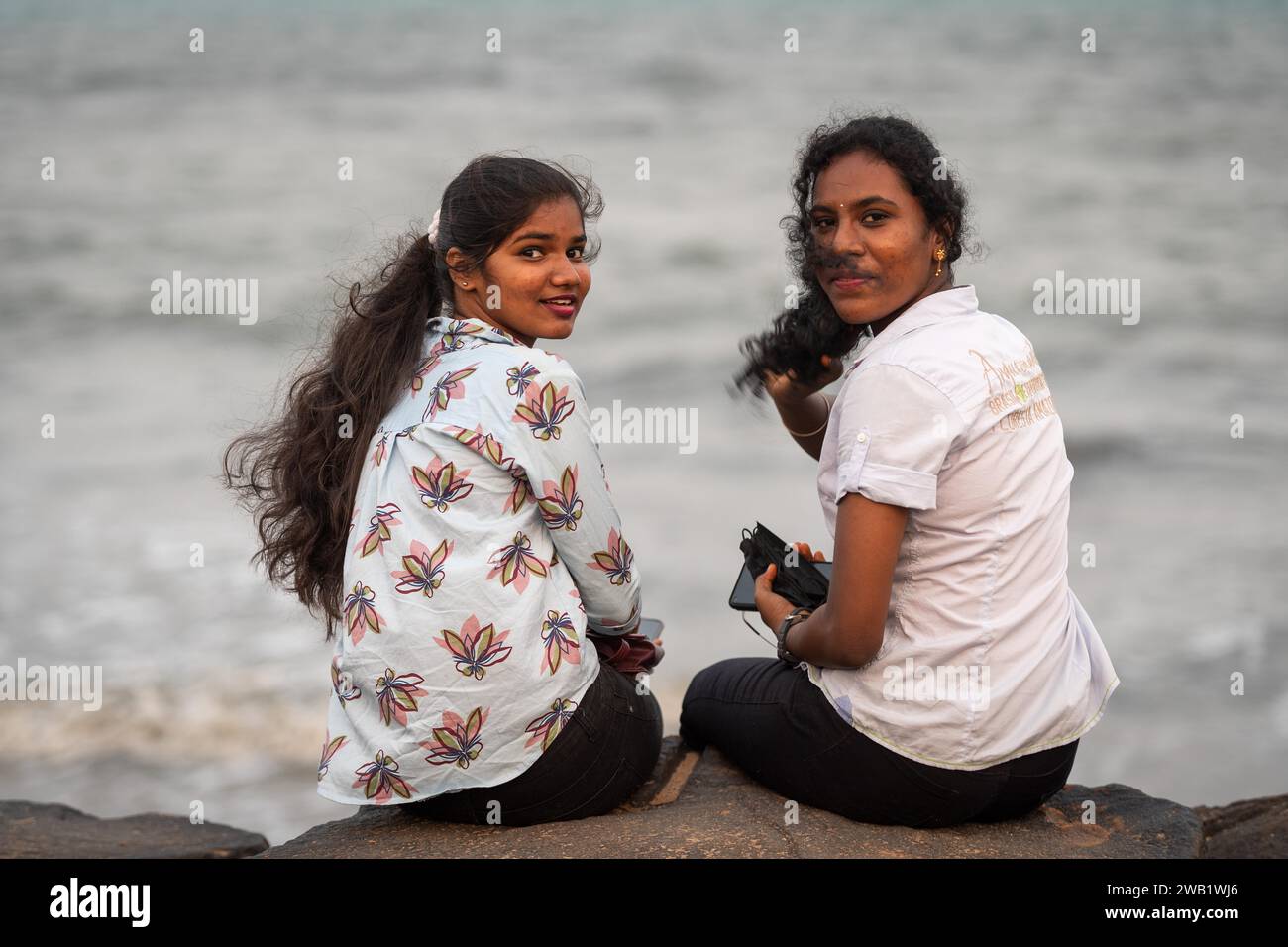 Young modern Indian women, promenade, former French colony Pondicherry ...