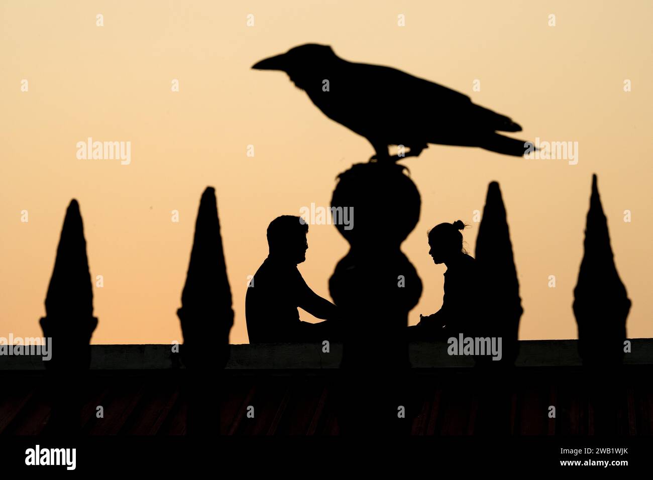 Silhouette of a couple and a crow, former French colony of Pondicherry ...