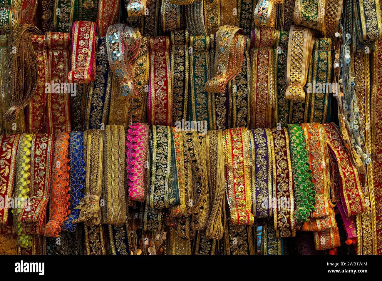 Colourful textile borders, bazaar, at Charminar, Hyderabad, Andhra ...