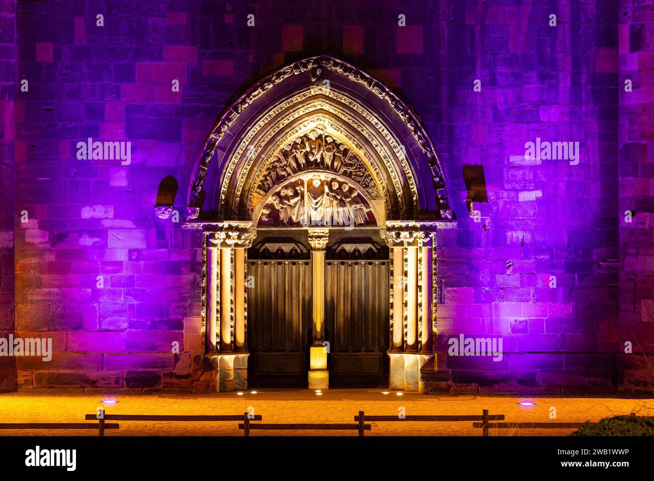 Illuminated portal of a Gothic church, Collegiale Sant Martin de Colmar ...