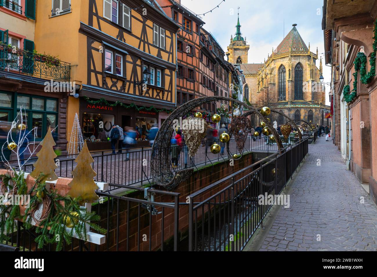 Historic half-timbered houses with Christmas decorations, willow arch ...