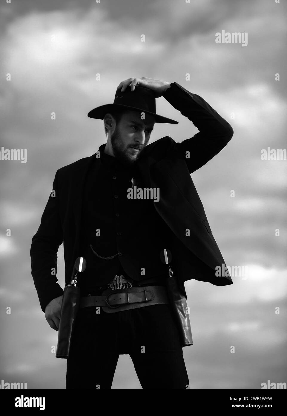 Sheriff in black suit and cowboy hat. Wild west, western, man with ...