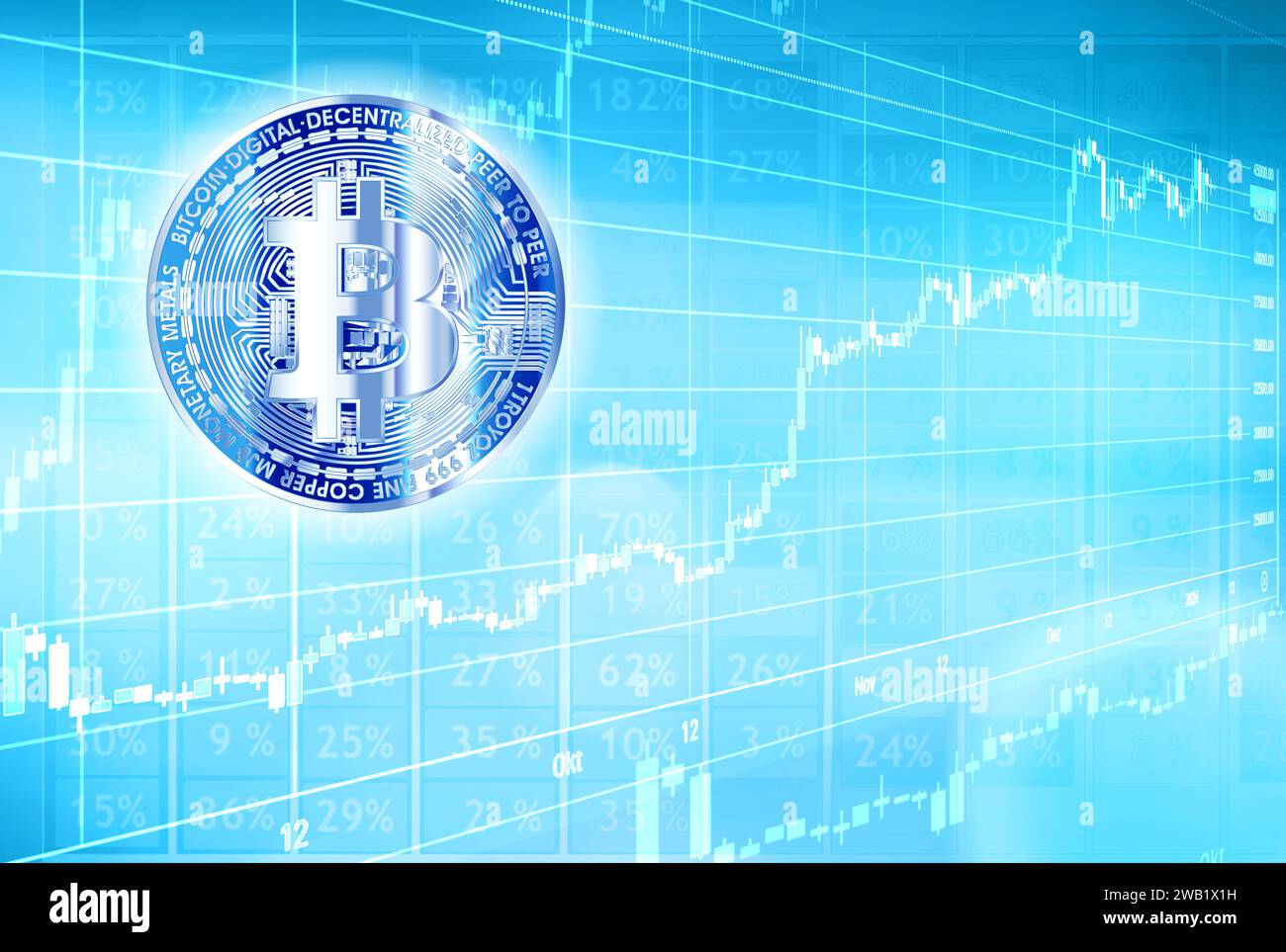 Bitcoin chart with coin and numbers - blue design Stock Photo - Alamy