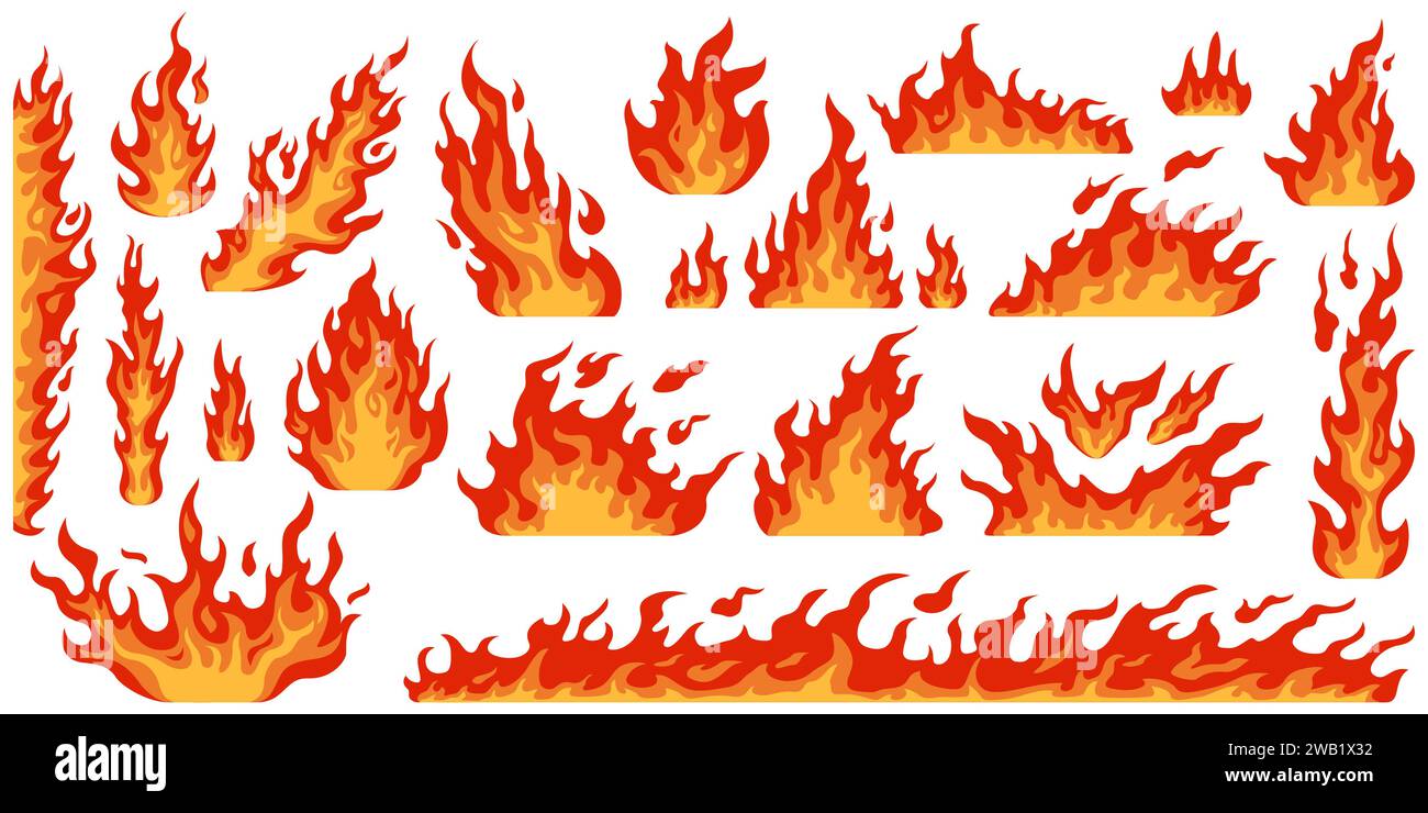 Cartoon fire. Red flame. Differently curved burning. Different ...