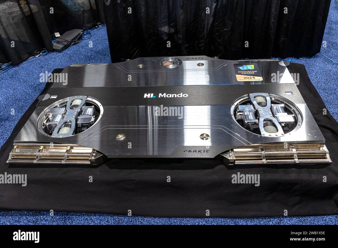 Las Vegas, USA. 07th Jan, 2024. HL Mando's Parking Robot is on display during CES 2024 Media ...