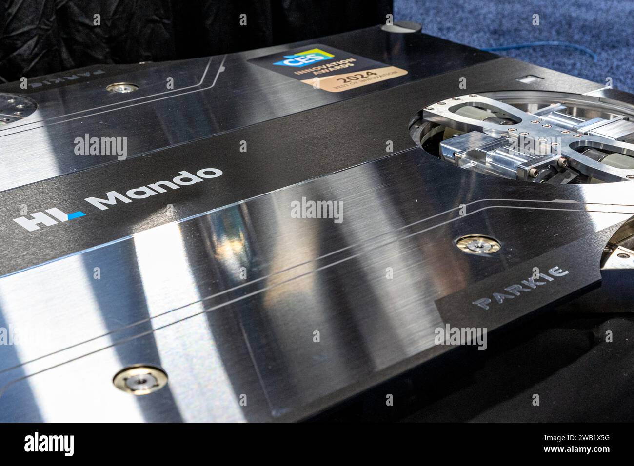 Las Vegas, USA. 07th Jan, 2024. HL Mando's Parking Robot is on display during CES 2024 Media ...