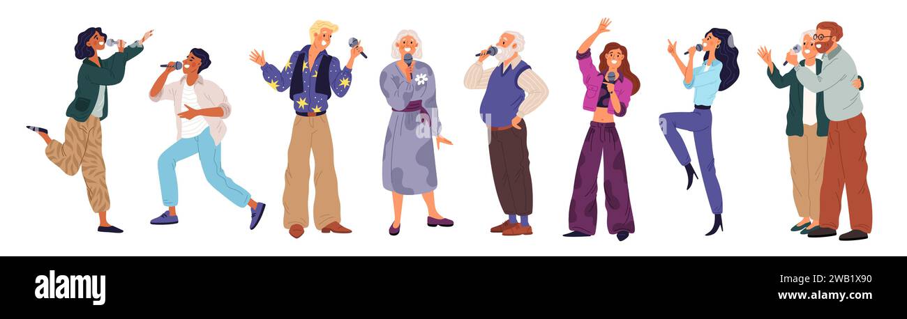 Happy karaoke singers. Cartoon people sing songs. Cute vocalists hold ...