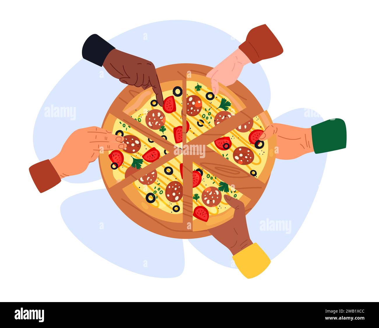 People in pizzeria. Overhead view of hands take slices of pizza from ...