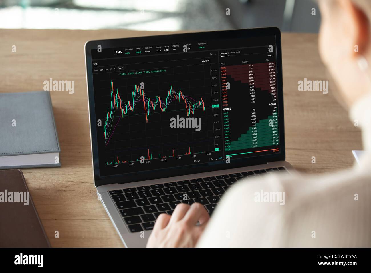 Laptop screen view with stocks charts, graphs over female shoulder ...
