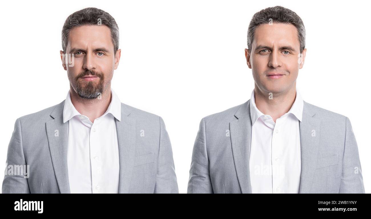 two man face shaven comparison before and after in studio. man face ...