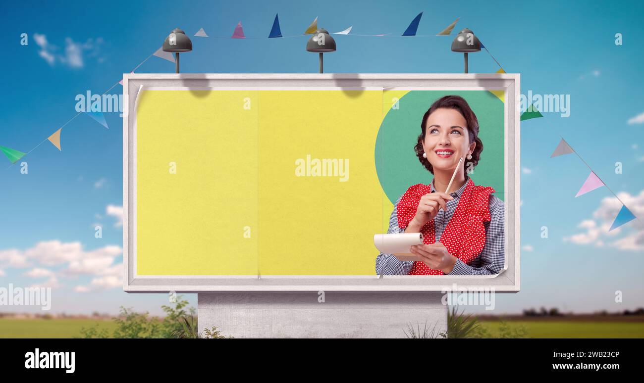 Vintage style advertisement on billboard: woman smiling and writing a ...