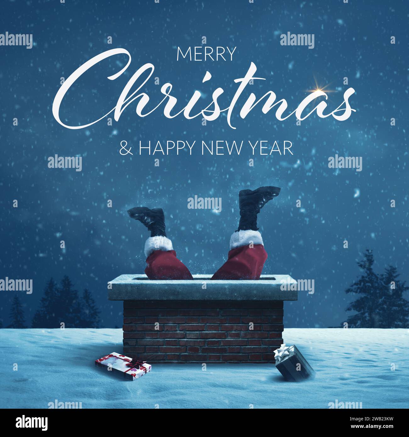 Funny Santa Claus stuck with feet up in a chimney on a roof, he is ...