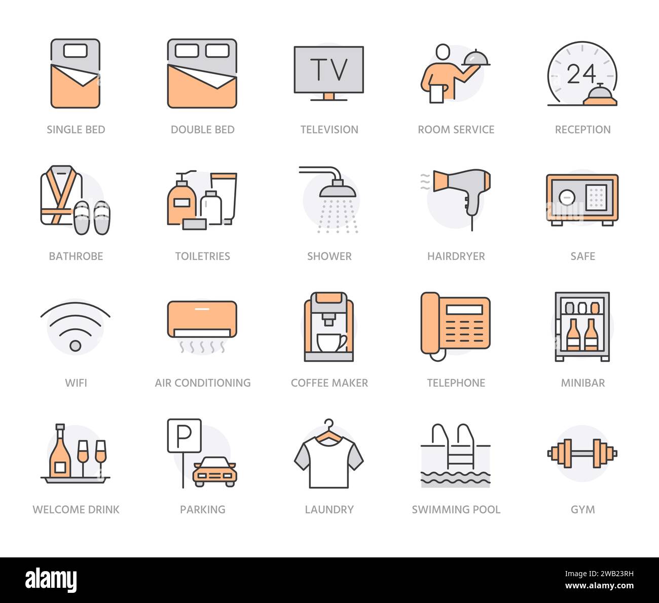 Hotel room facilities flat line icons set. Double bed, reception, room ...