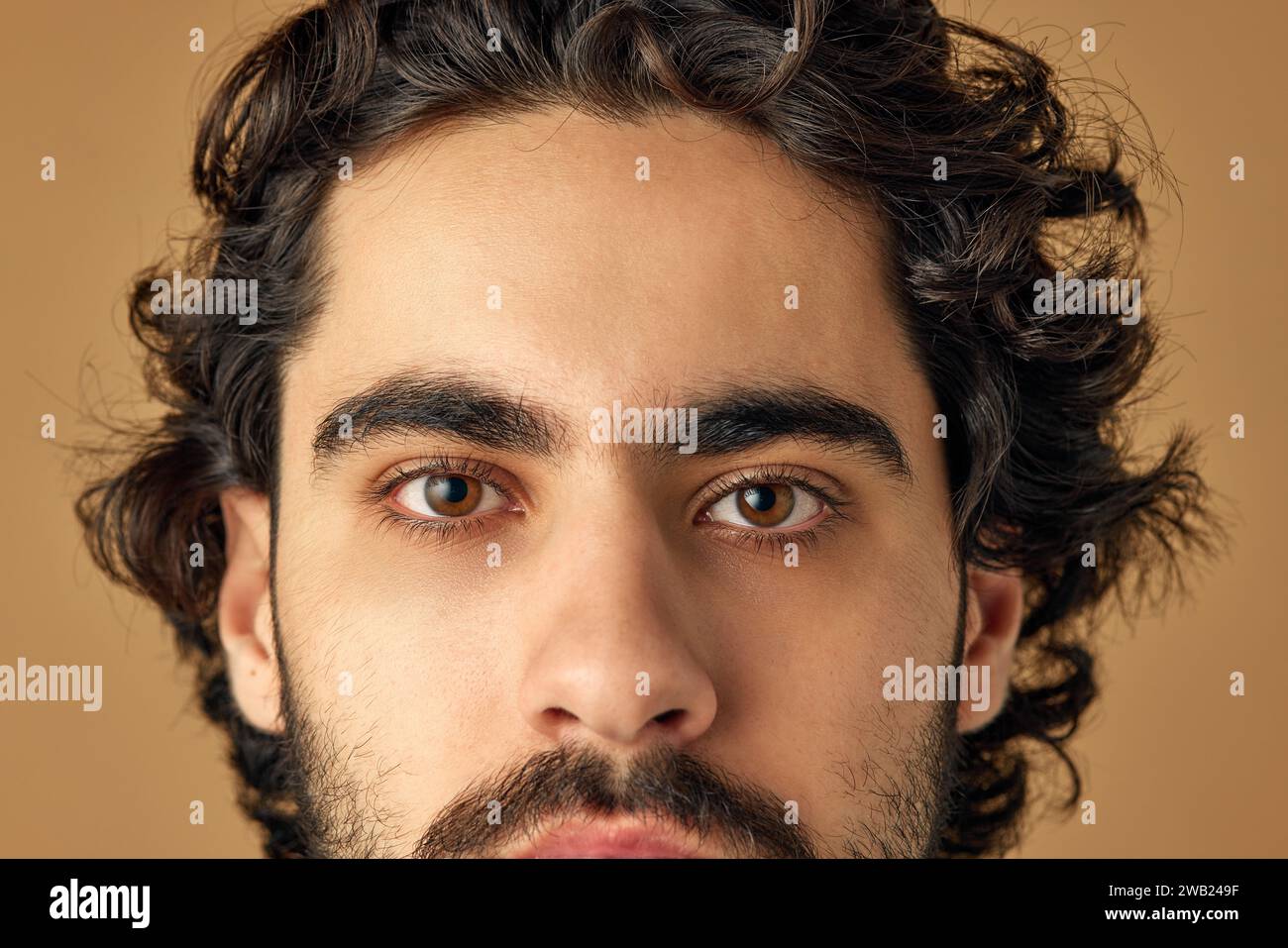 Headshot. Close up portrait of young man with bristle, well kept ...
