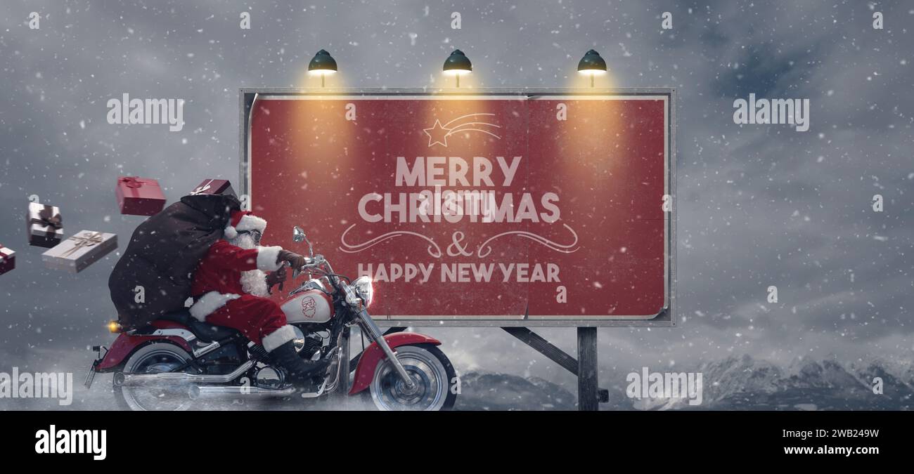 Cool biker Santa riding a motorcycle and Christmas wishes on a ...