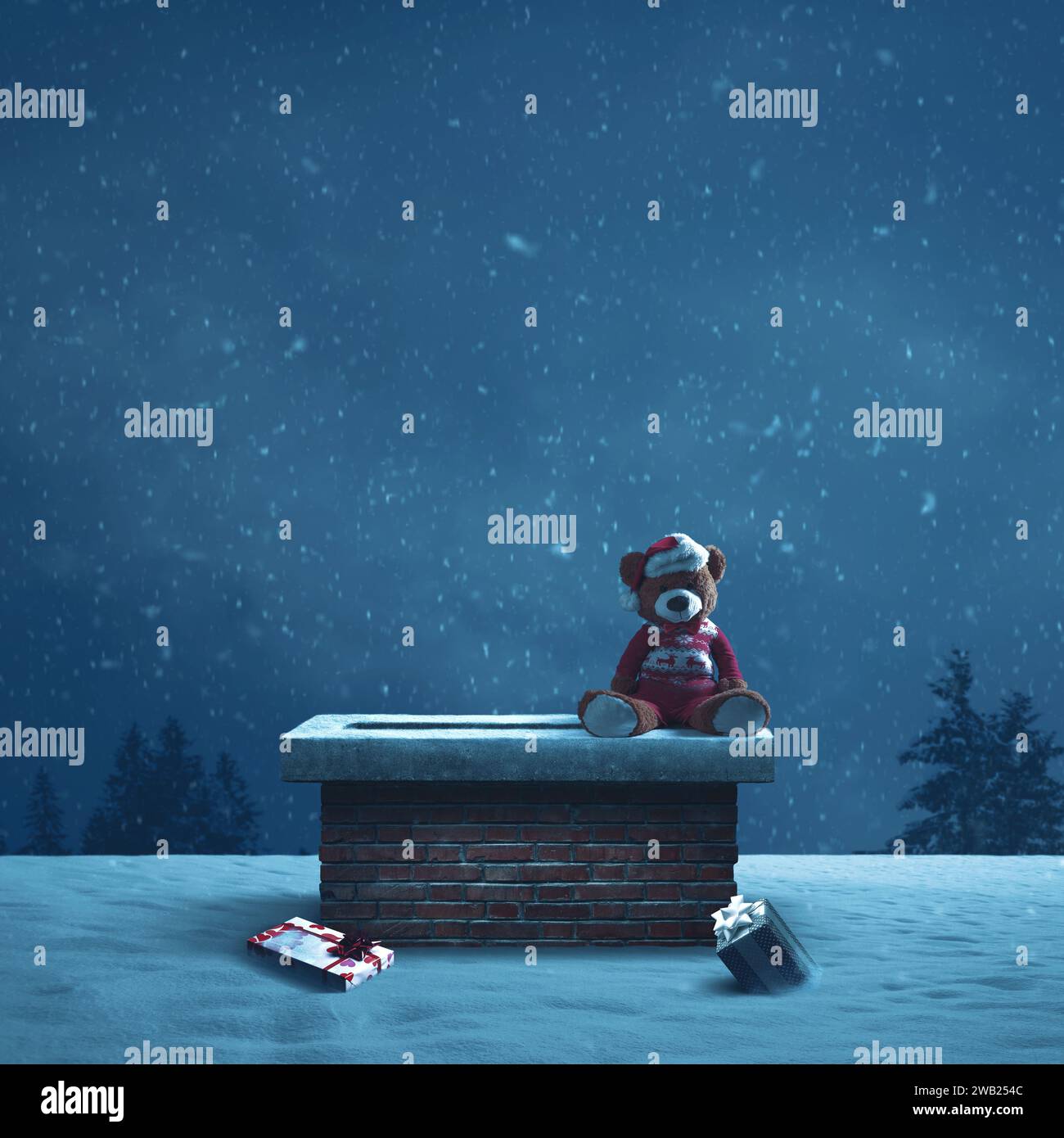 Santa was here: lost gifts next to a chimney on a roof and snow ...