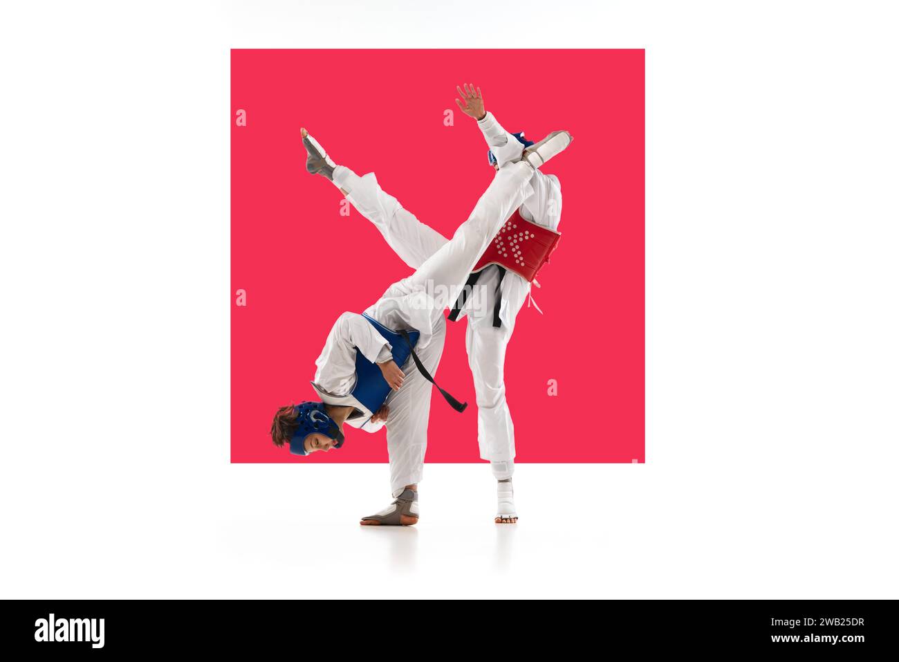 Female athletes in dobok, kimono and helmet in motion, training ...