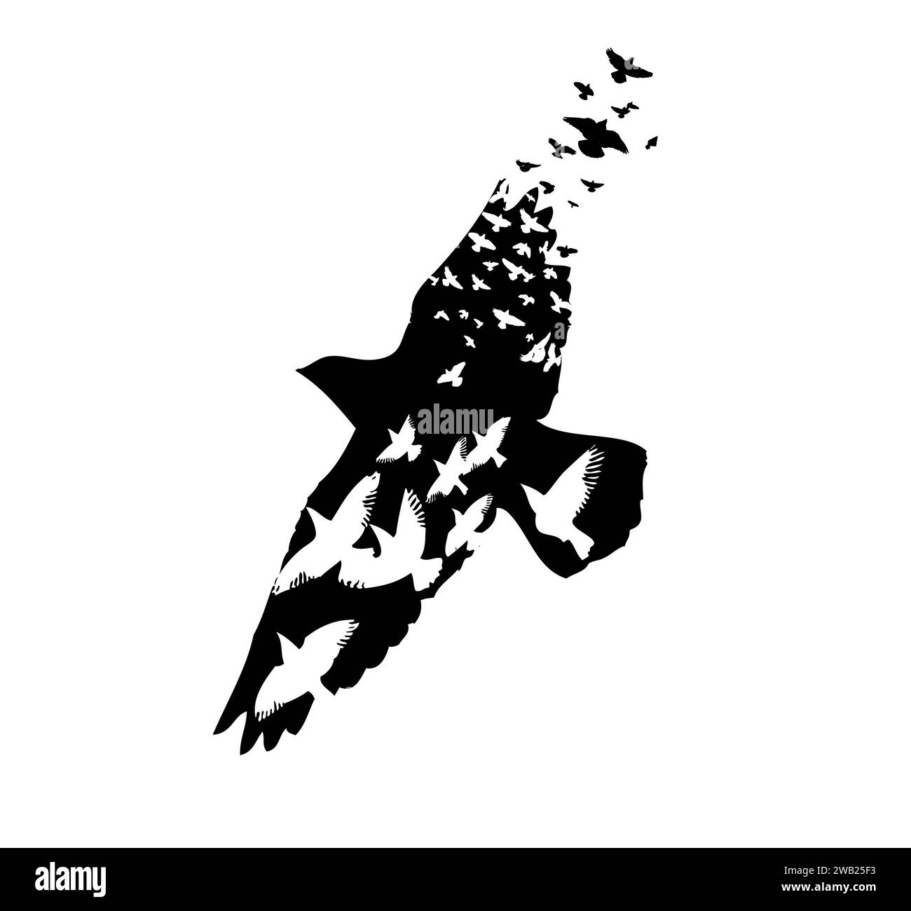 Flying birds silhouette flock. hand drawing. Doves of peace. Beautiful ...