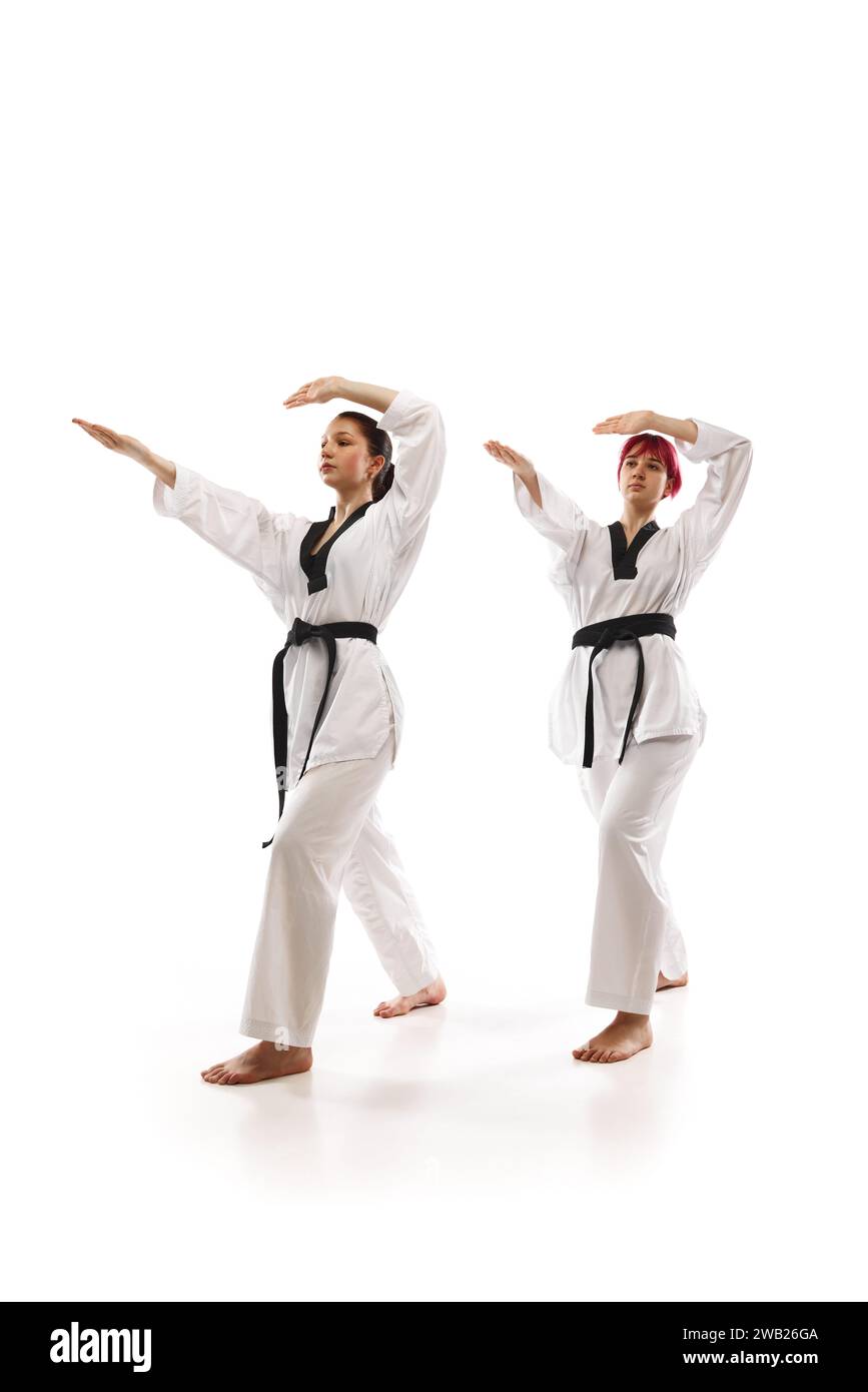 Full-length images of young girls in kimono and black belts, karate ...