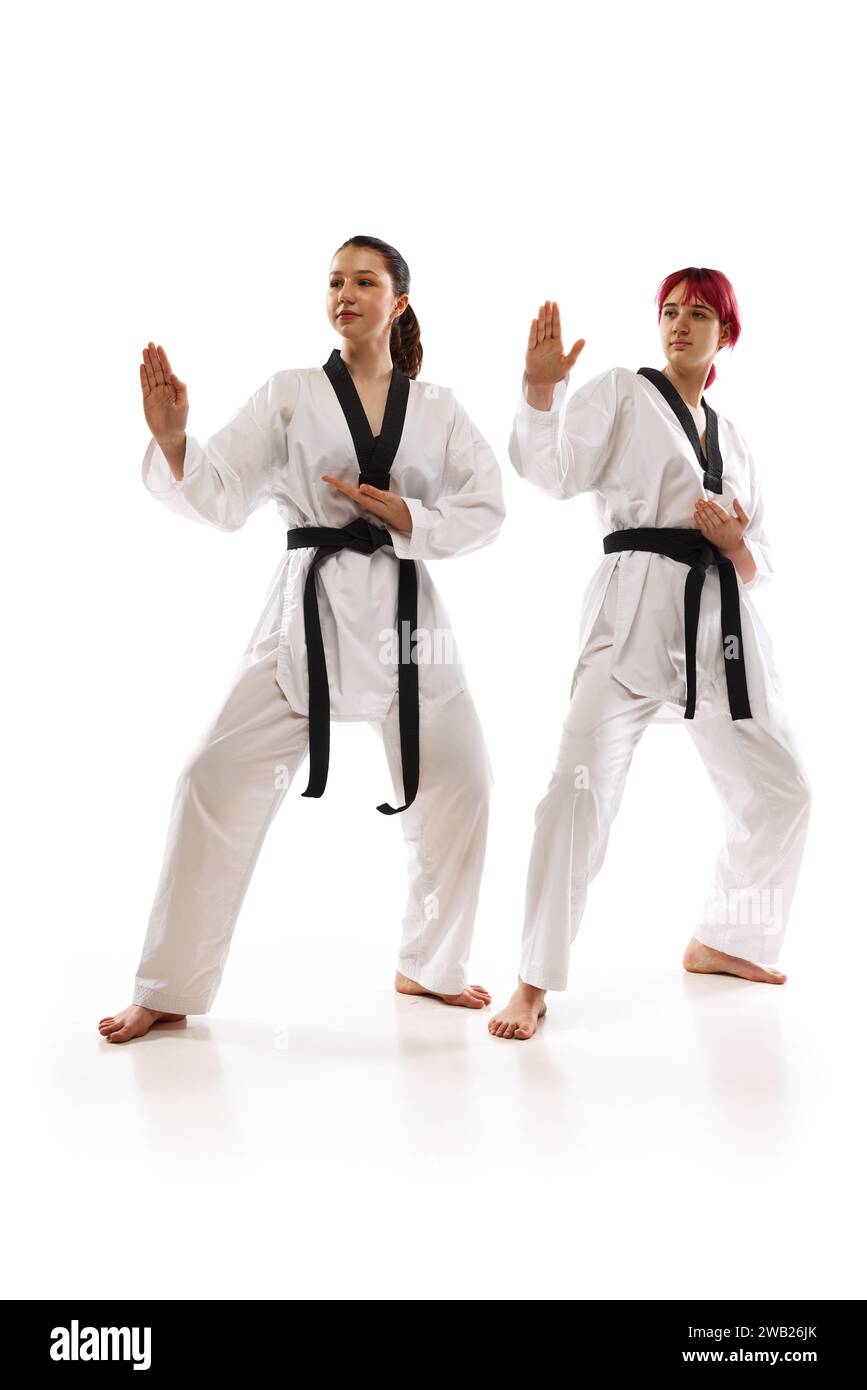 Full-length images of young girls in kimono and black belts, karate ...