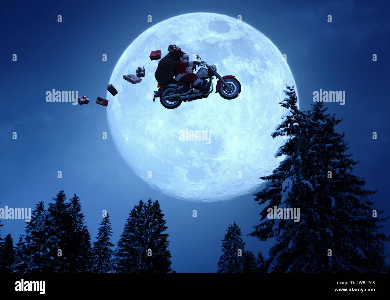 Biker Santa Claus riding a motorcycle and flying in the sky on ...