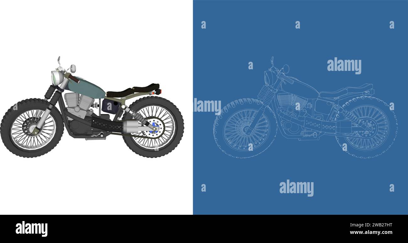 Retro tracker classic motorcycle wireframe blueprint vector ...