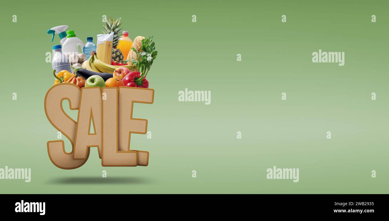 Grocery items, food and detergents on sale, supermarket promotional ...