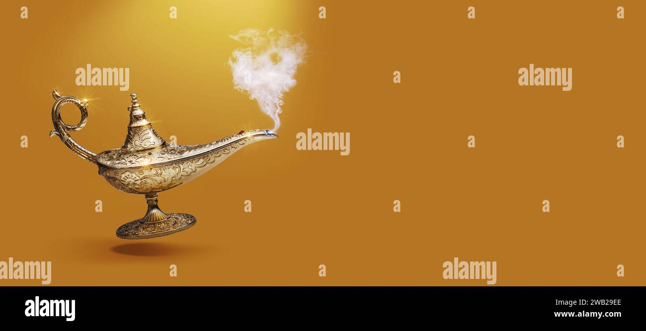 Precious golden magic lamp with smoke on gold background, fairy tales ...