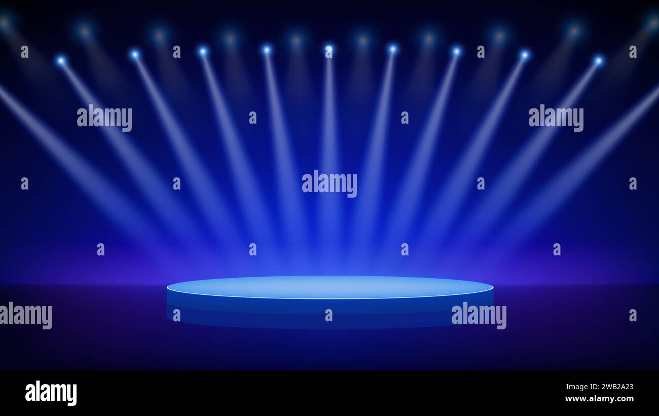 Stage, spotlight, podium. Blue backdrop, background for displaying ...