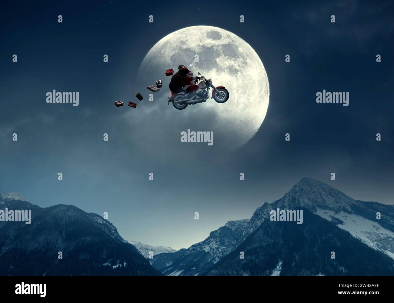 Biker Santa Claus riding a motorcycle and flying in the sky on ...