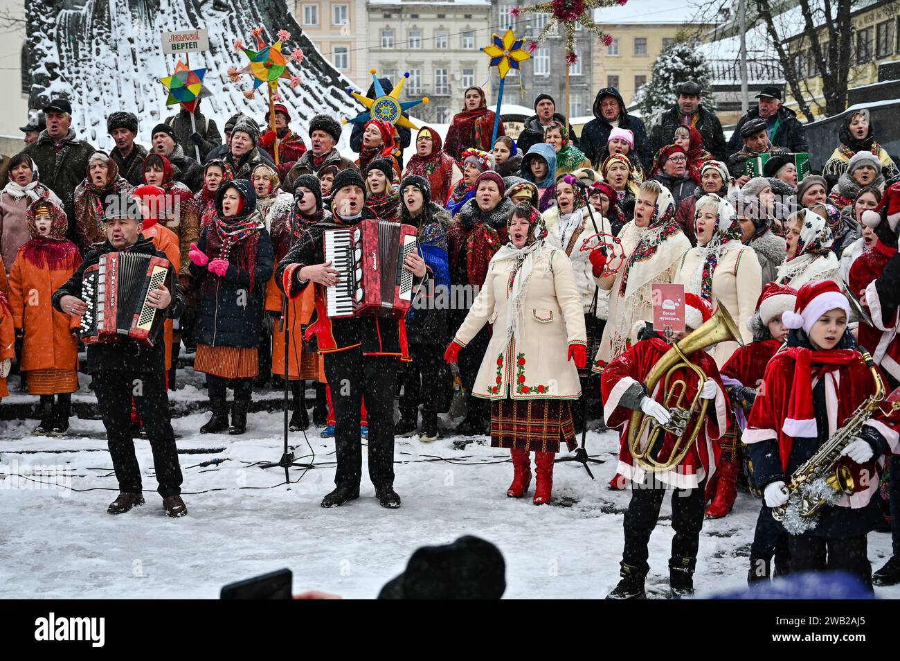 LVIV, UKRAINE - JANUARY 7, 2024 - Carollers are gathered at the Taras ...