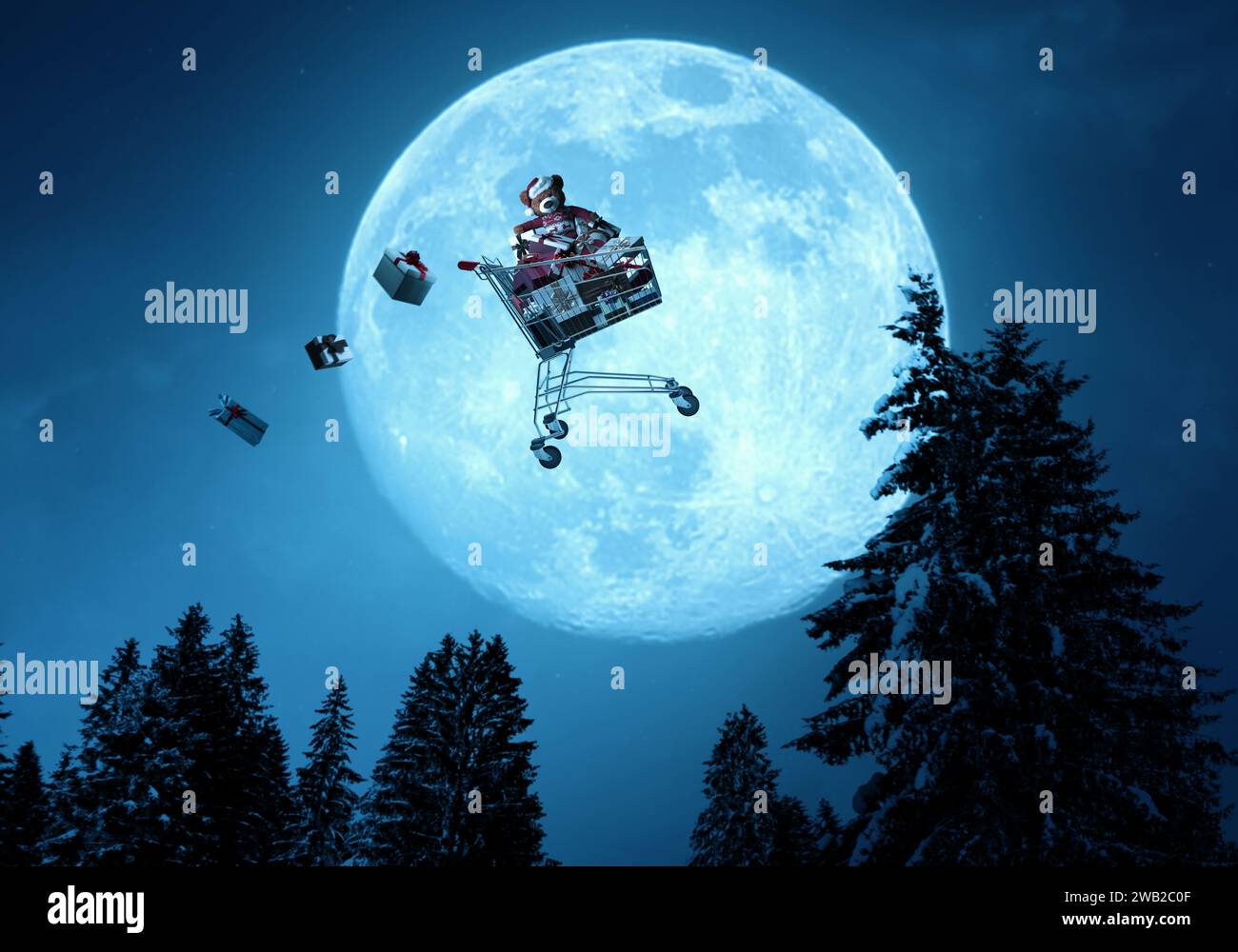 Magical shopping cart full of gifts flying in the night sky on ...