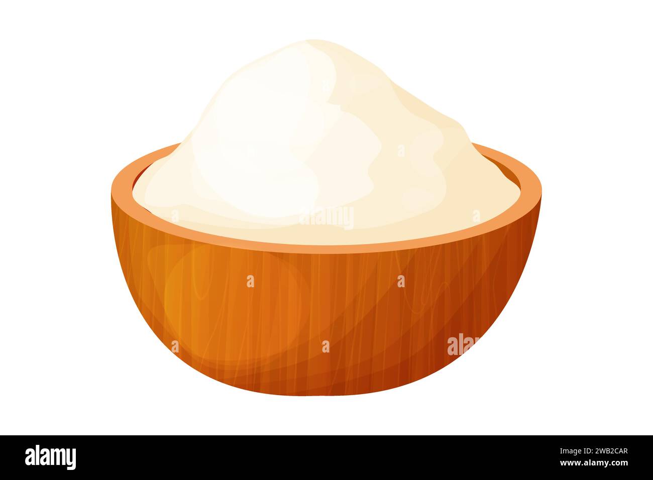 Wooden bowl with flour, wood plate in cartoon style isolated on white ...