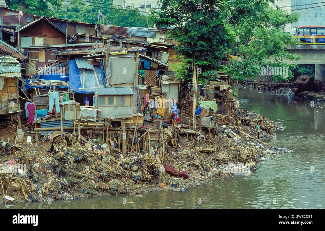 Indonesia, Jakarta. Family in front of their hut in a slum next to a ...