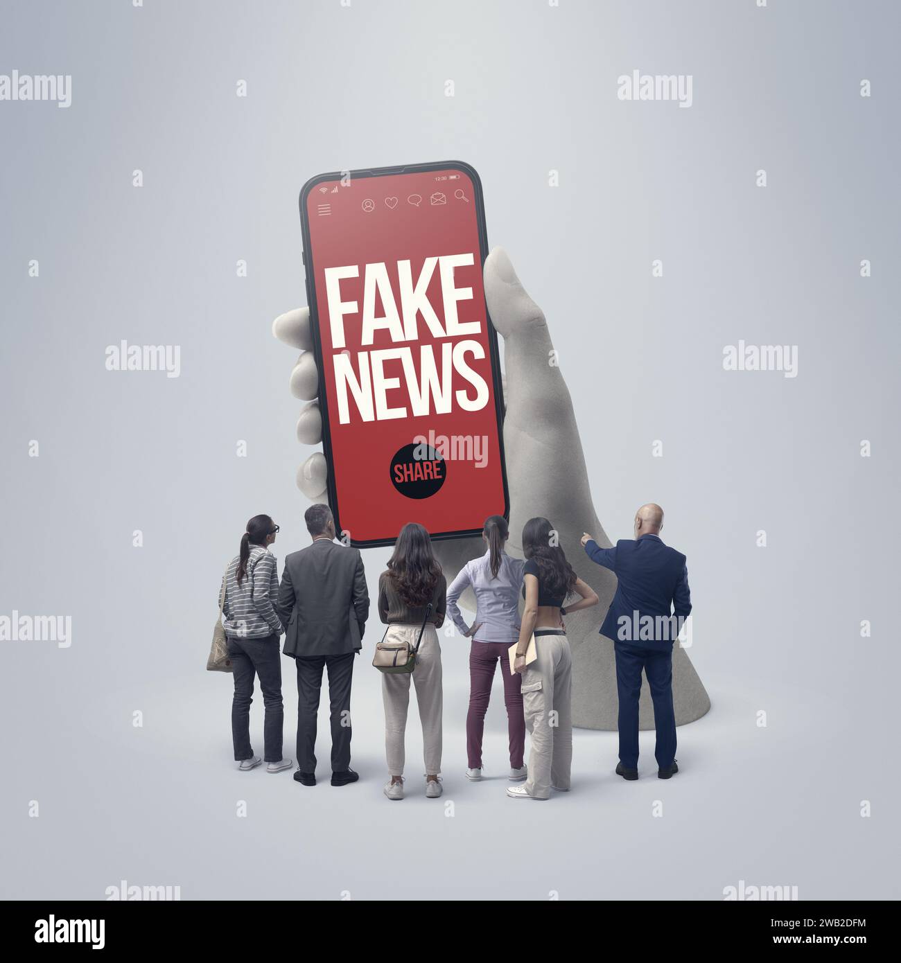 Group of diverse people standing in front of a huge smartphone and ...