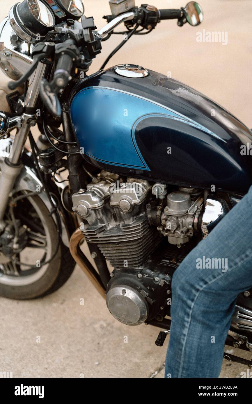 close up view of vintage blue motorcycle and chrome engine Stock Photo ...
