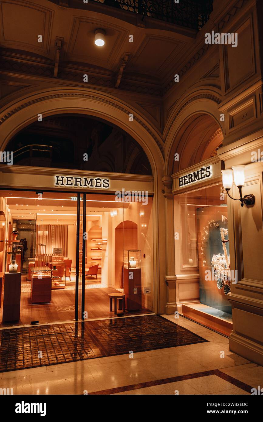 Famous Hermes store in a classy interior with luxury goods in shopping ...