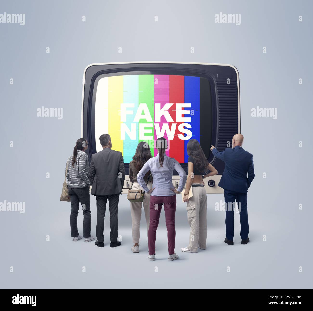 Group of people watching fake news on TV, they are standing in front of ...